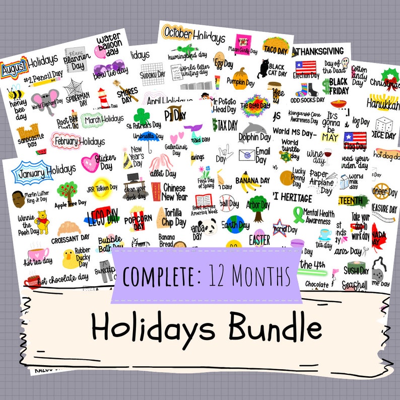 Holidays BUNDLE - ALL 12 MONTHS - Wacky Weird Calendar Holidays - Hand ...
