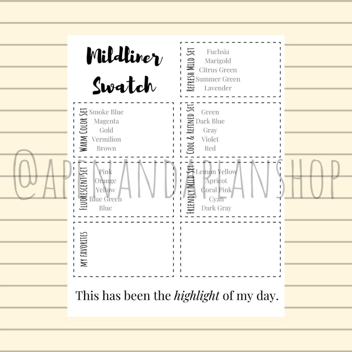 Complete Mildliner Swatch - Mildliners - Color Swatch - Planner Insert ...