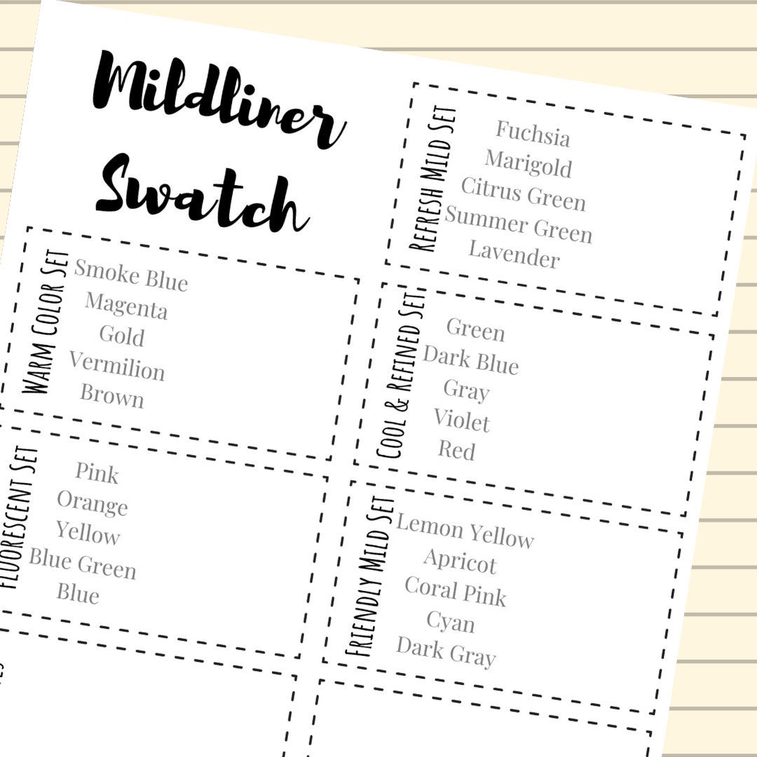 Complete Mildliner Swatch - Mildliners - Color Swatch - Planner Insert ...