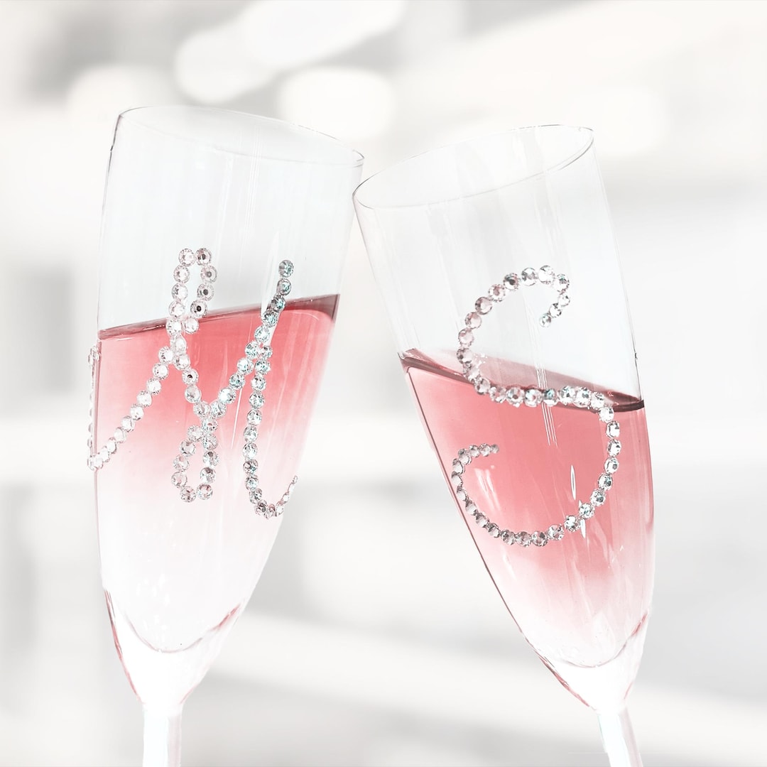 Personalized Rhinestone Champagne Flutes Custom Initial Toasting ...