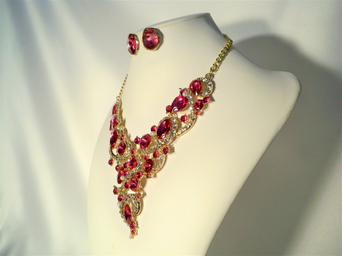 Magenta Rhinestone Necklace Set: Bridal, Prom, Party Jewelry - Etsy