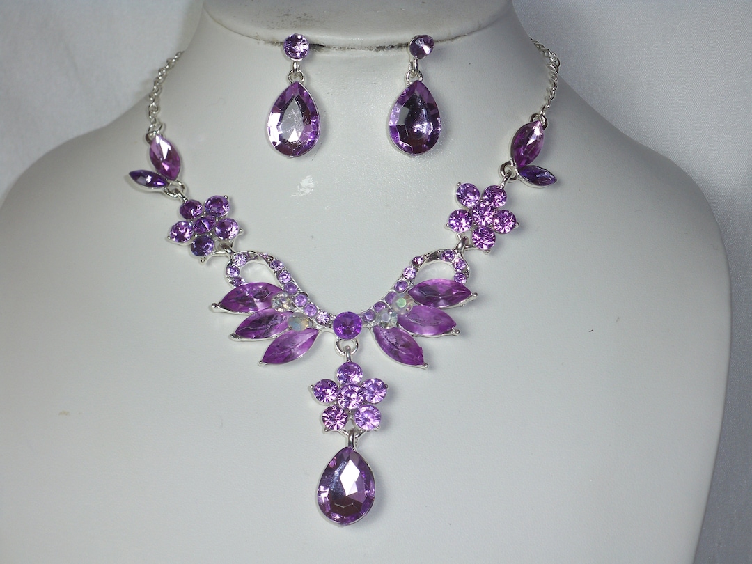 Purple Rhinestone Necklace And Earrings Set Wedding Bridal Necklace