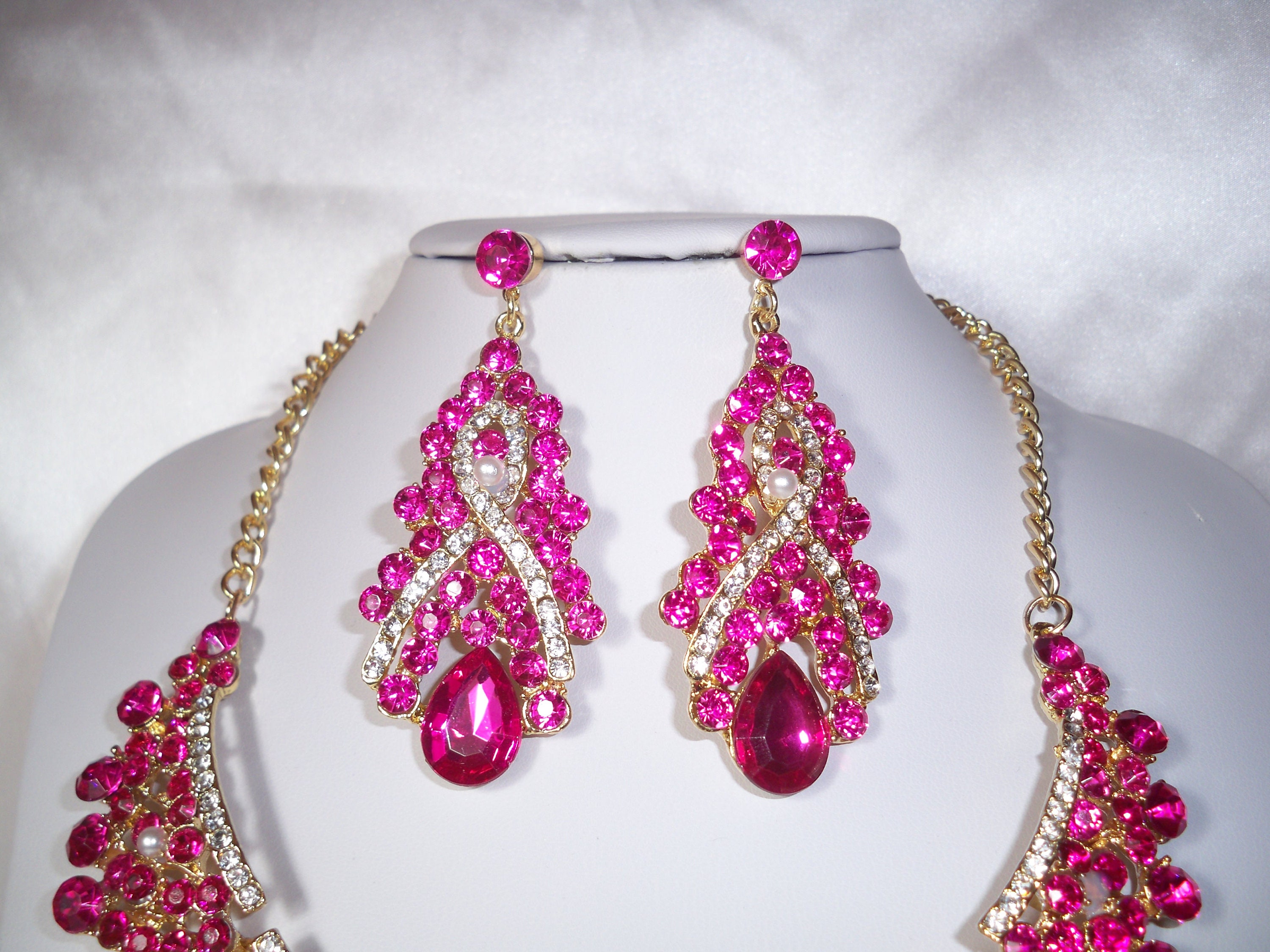Hot Pink Necklace Set Pink Necklace Set Rhinestone Necklace Etsy