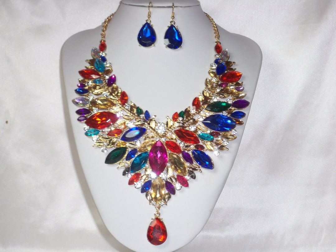 Multi Color Rhinestone Necklace, Necklace Set, Rhinestone Necklace Set ...