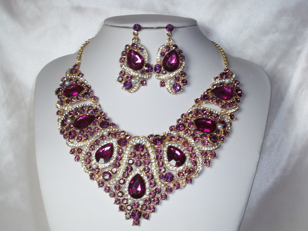 Purple Rhinestone Necklace Set,statement Necklace,bridal Necklace ...