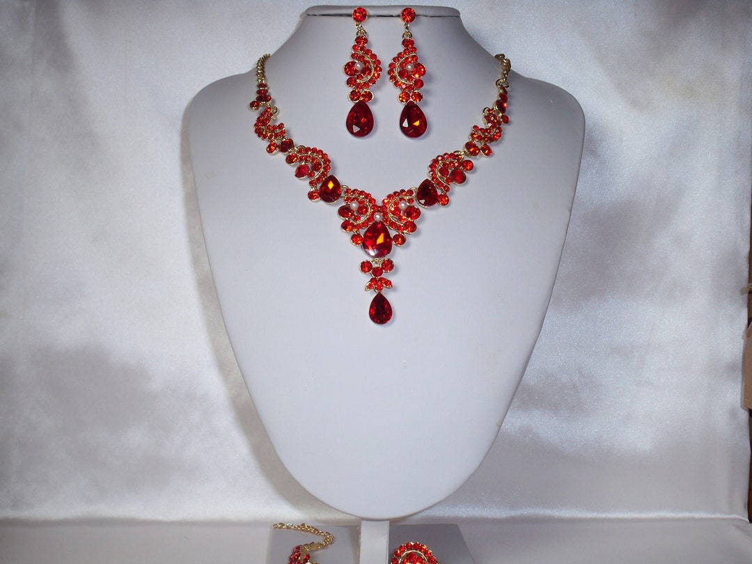 Red 4 Pc Necklace Set,statement Necklace, Red Rhinestone Necklace ...