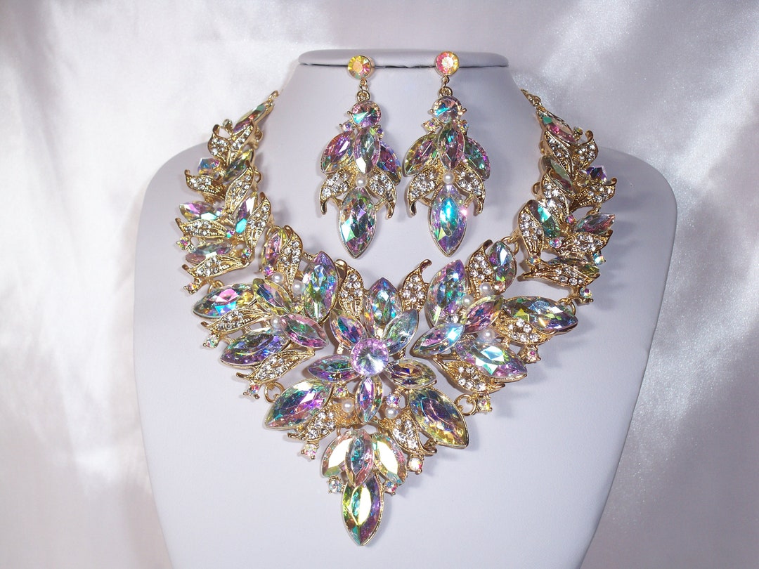 AB Rhinestone Necklace Set, Statement Necklace, Bridal Necklace ...