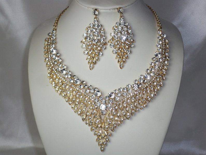 Gold Necklace Set, Rhinestone Necklace Set, Bridal Necklace, Wedding ...