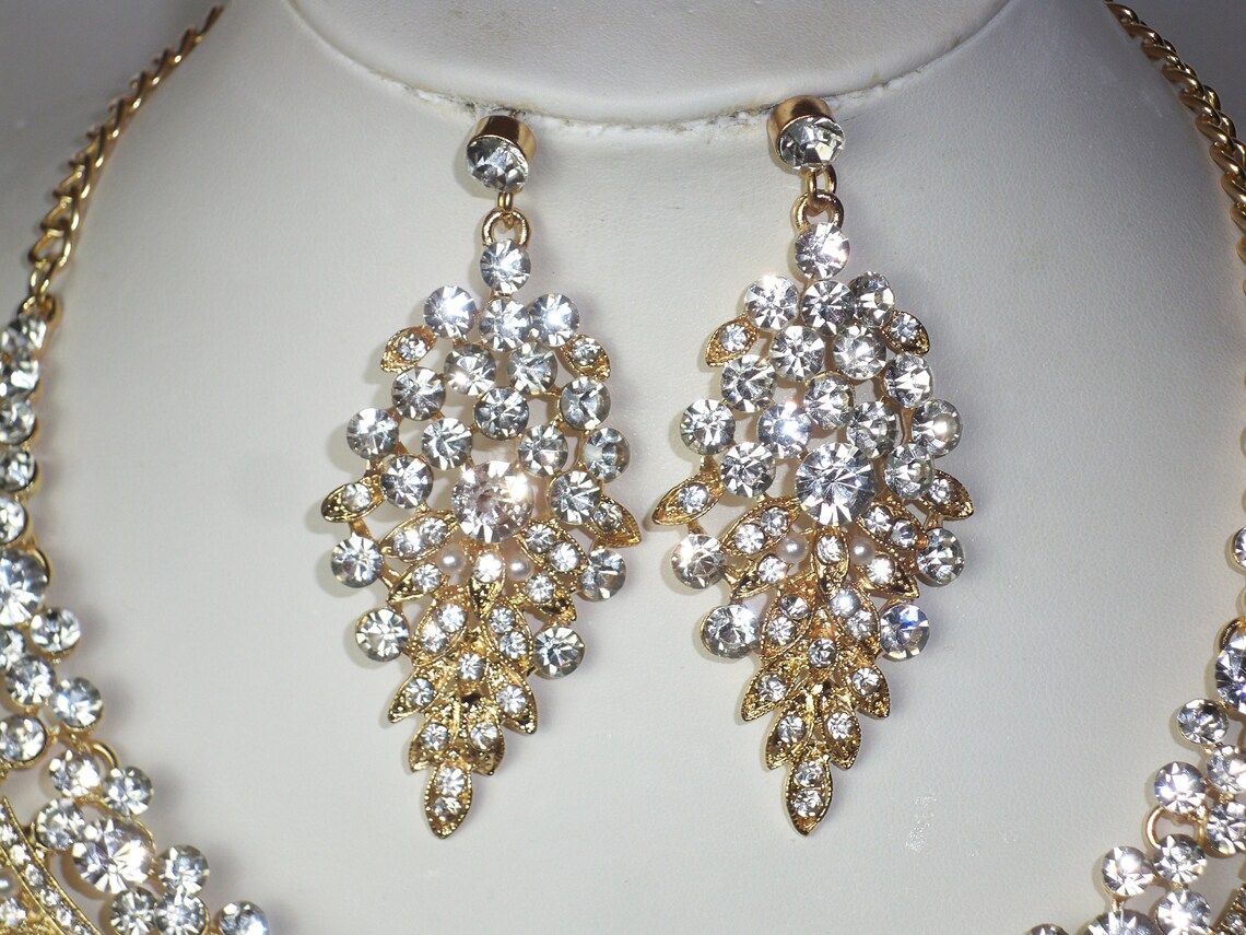 Gold Necklace Set, Rhinestone Necklace Set, Bridal Necklace, Wedding ...