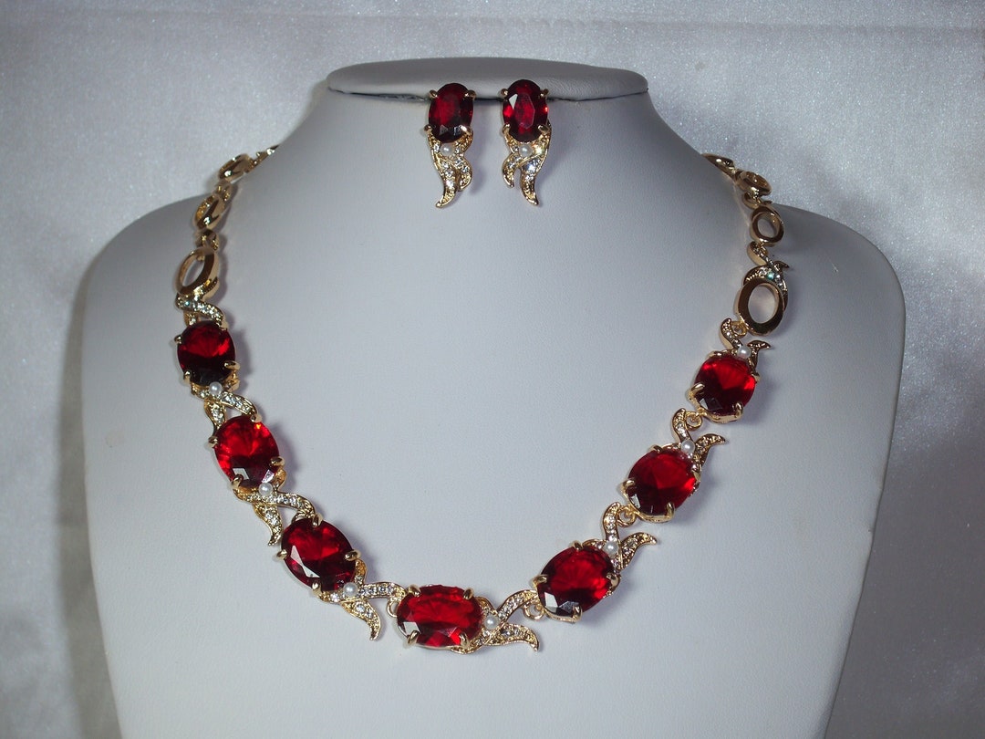 Ruby Red Rhinestone Necklace Set, Bridal Wedding MOB Bridesmaid ...