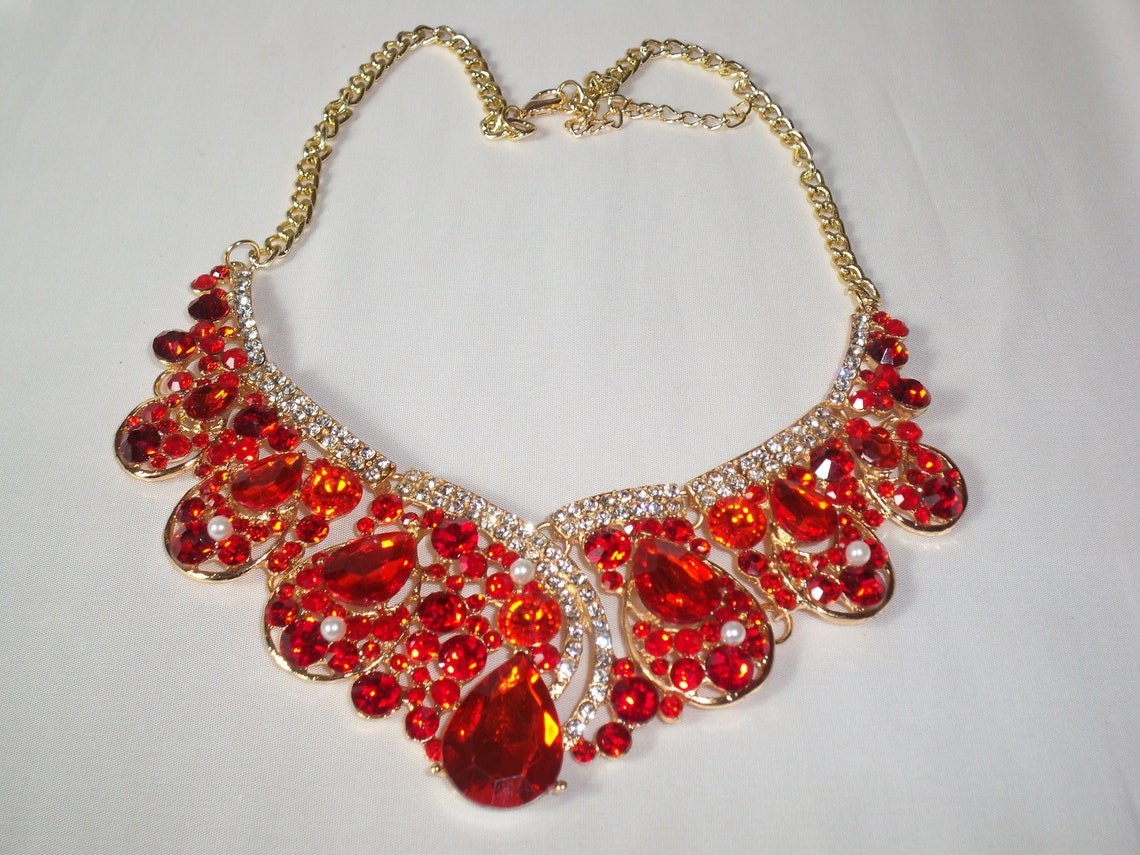 Red Rhinestone Necklace Set, Wedding Jewelry, MOB Necklace, Prom ...