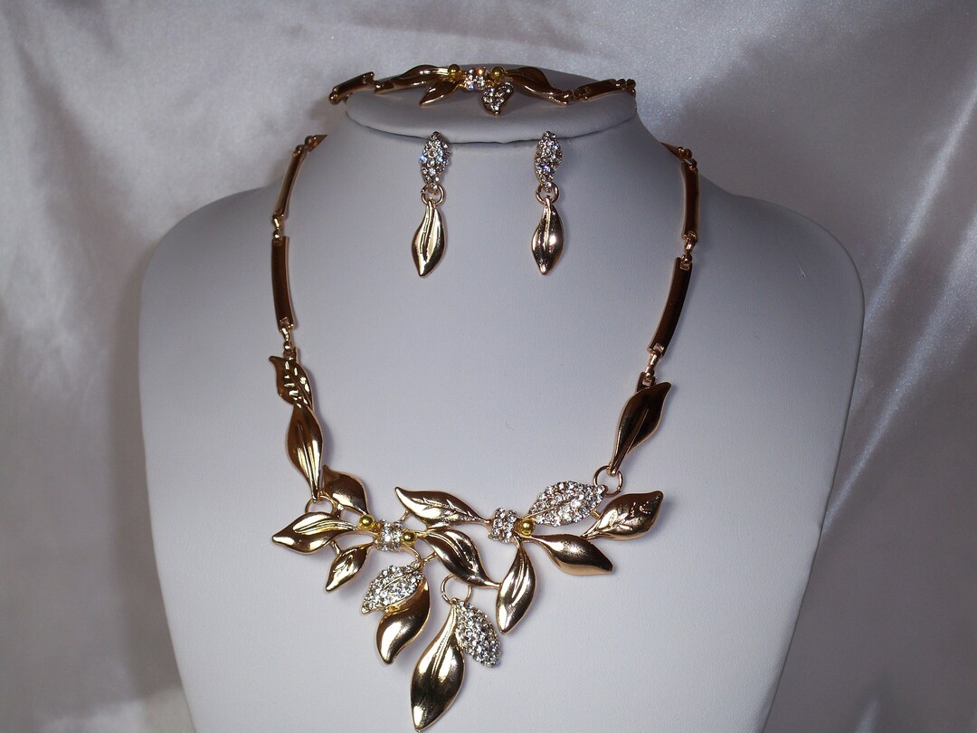 Gold Rhinestone Leaf Necklace Set: Prom Jewelry - Etsy
