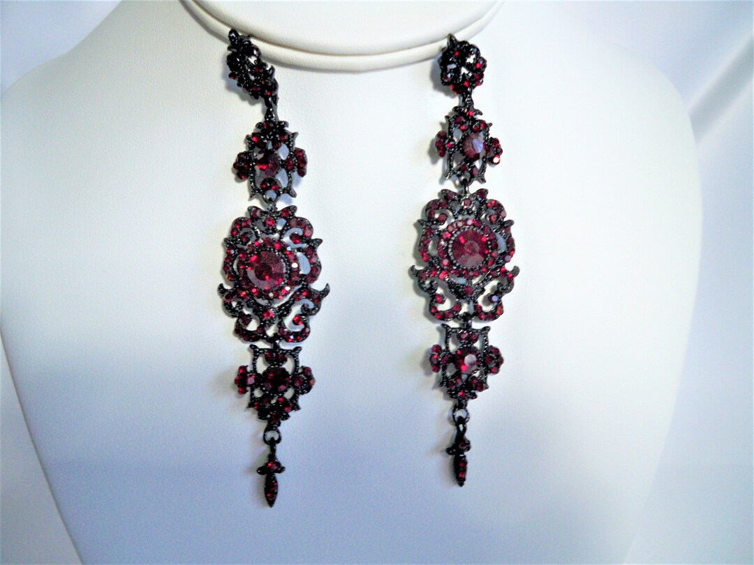 Red Blackened Metal Long Dangle Drop Earrings, Bridal MOB Prom Pageant ...