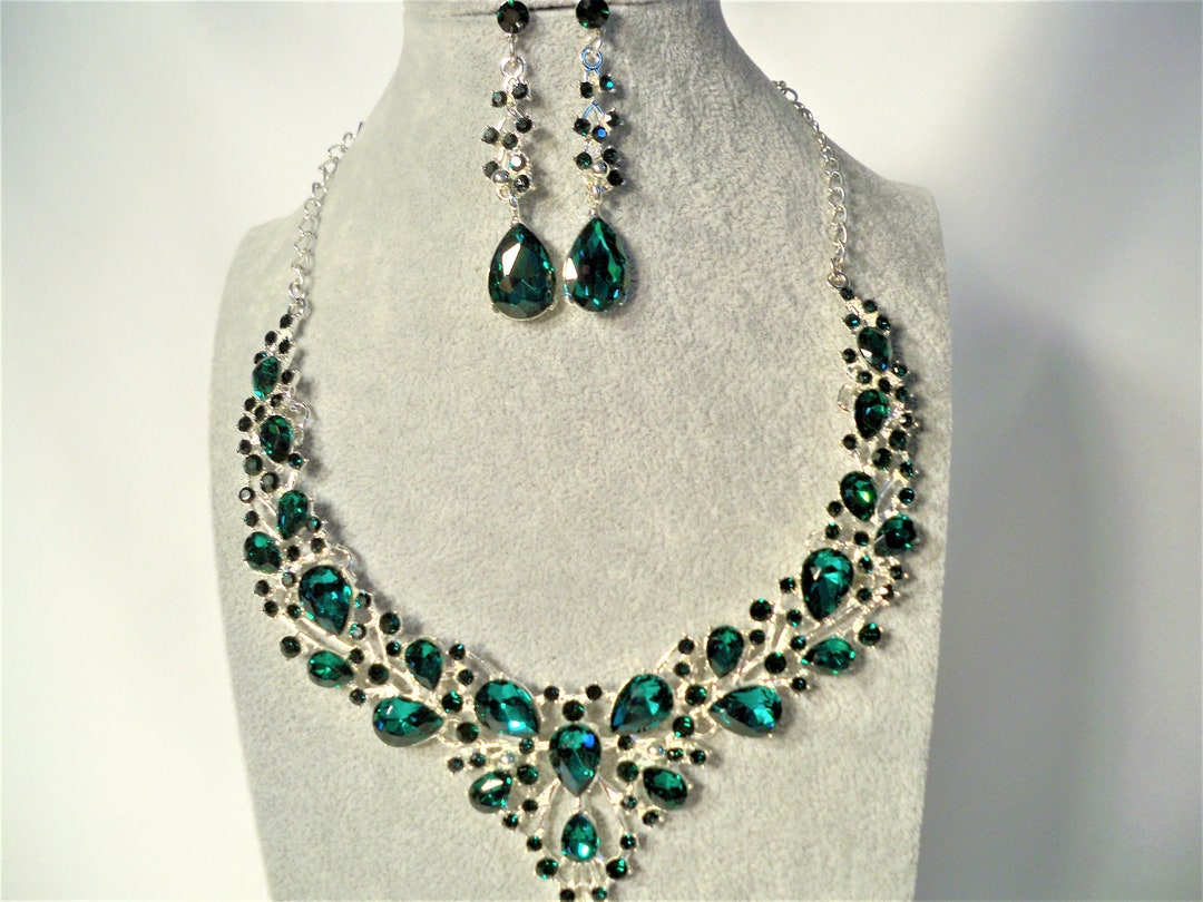 Green Emerald Rhinestone Necklace Set, Wedding Bridal Mob Necklace ...