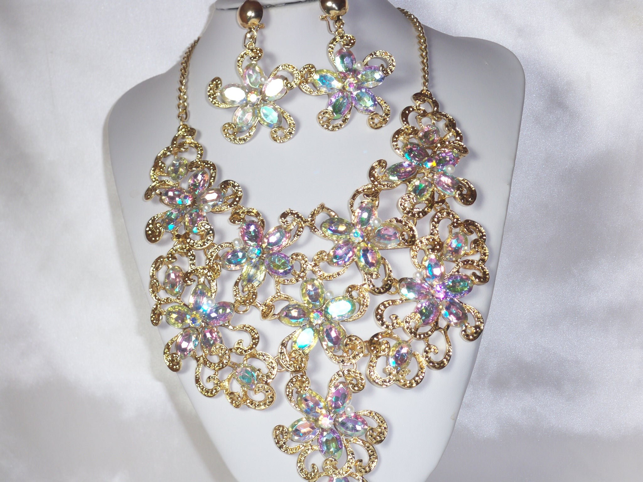 Rhinestone AB statement necklace set bridal wedding necklace | Etsy