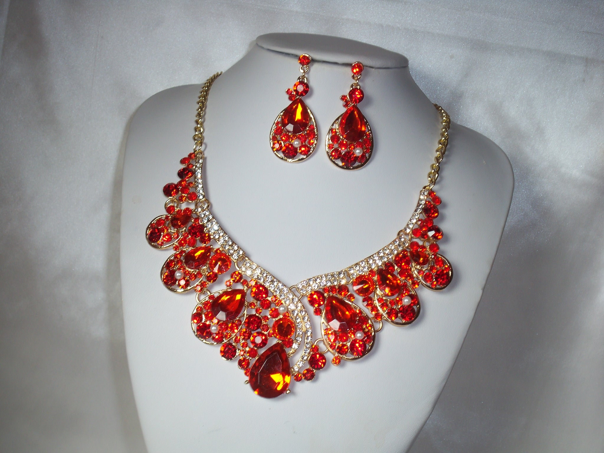 Red Rhinestone Necklace Set, Wedding Jewelry, MOB Necklace, Prom ...