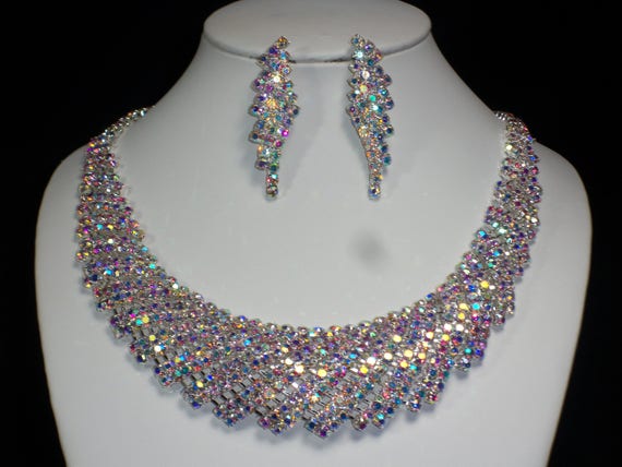 AB Rhinestone Bib Bridal Statement Necklace and Earring | Etsy