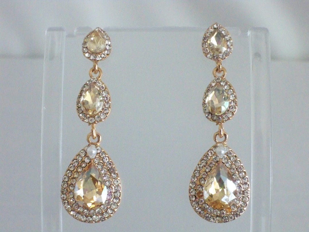 Champagne Teardrop Dangle Drop Earrings, Wedding Bridal MOB Prom ...