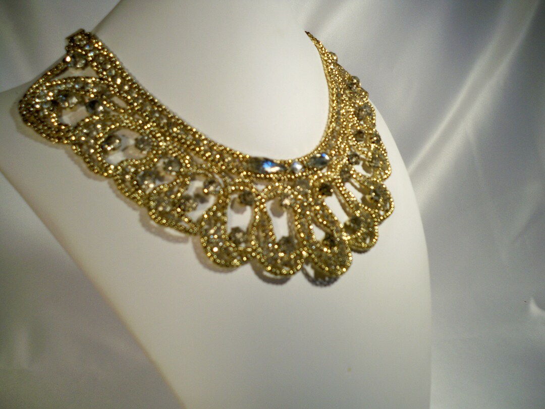 Beaded Rhinestone Gold Bib Necklace, Wedding Bridal MOB Necklace. Prom ...