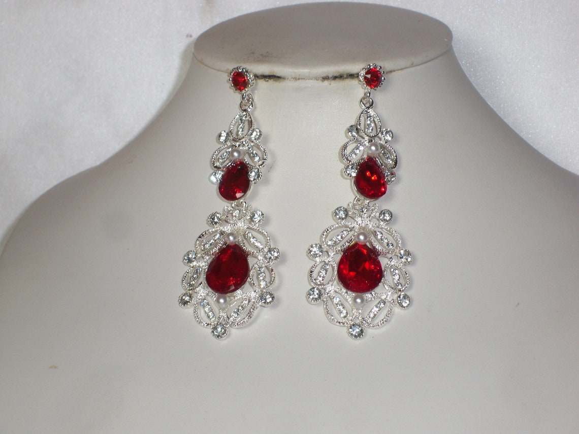 Red Rhinestone Earringsvalentine Earrings Pageant Earring - Etsy