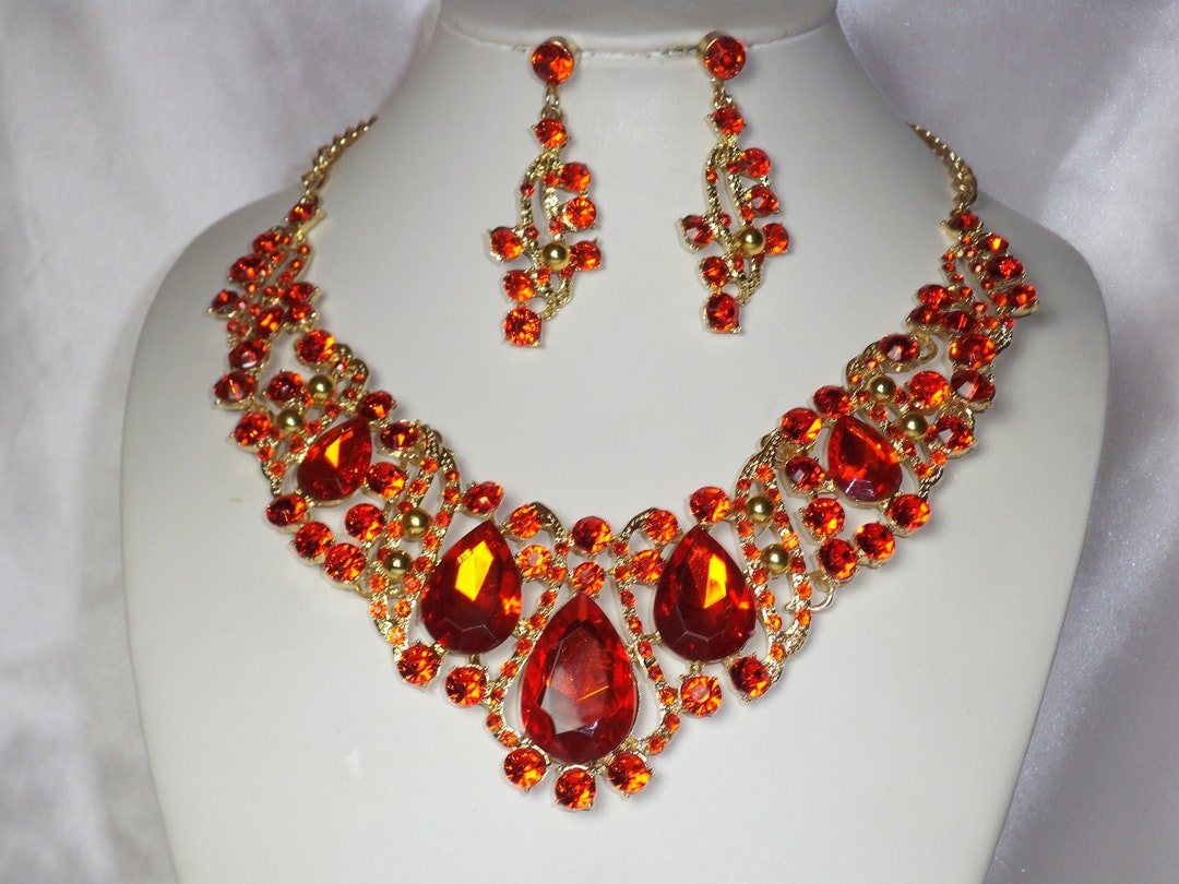 Red Rhinestone Necklace, Red Necklace Set, Statement Necklace, Pageant ...