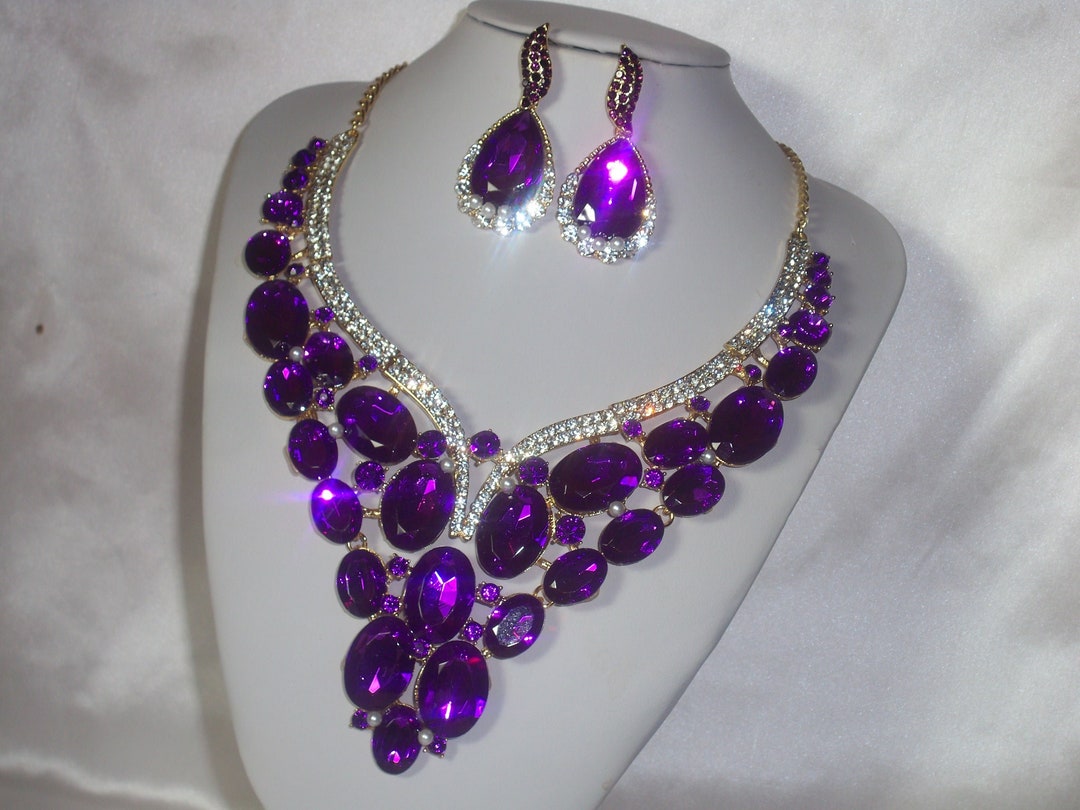 Purple Rhinestone Necklace Set, Statement Necklace,bridal Necklace ...