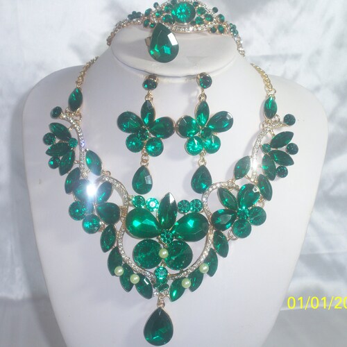 Green Rhinestone Necklace Set Bridal Necklace Statement - Etsy