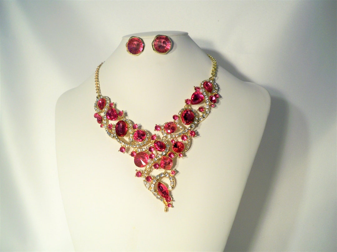 Magenta Rhinestone Necklace Set: Bridal, Prom, Party Jewelry - Etsy