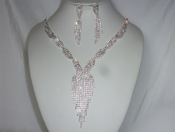 Rhinestone Cascading Necklace Earrings Set Bridal Jewelry - Etsy