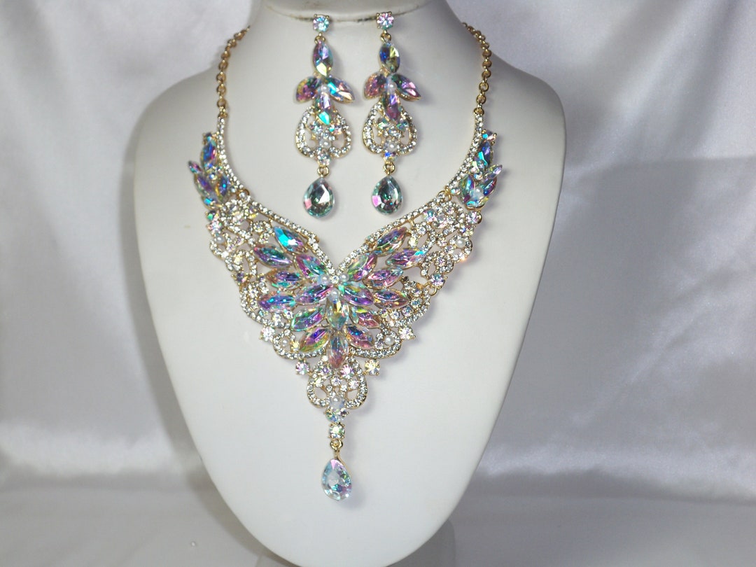 Crystal Necklace Set, AB Rhinestone Necklace Set, Pageant Necklace ...