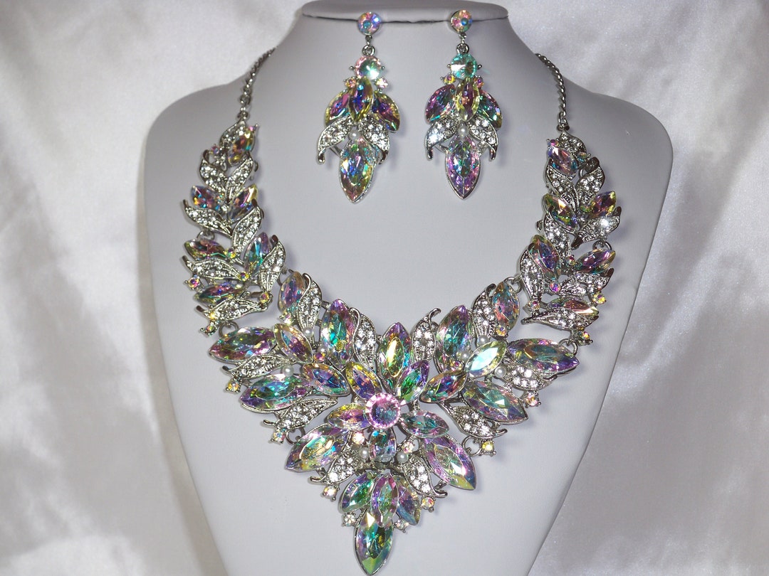 AB Rhinestone Necklace and Earrings Set: Bridal Pageant Jewelry - Etsy