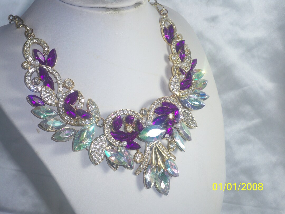 Purple Rhinestone Necklace, Wedding Bridal MOB Necklace, Prom ...