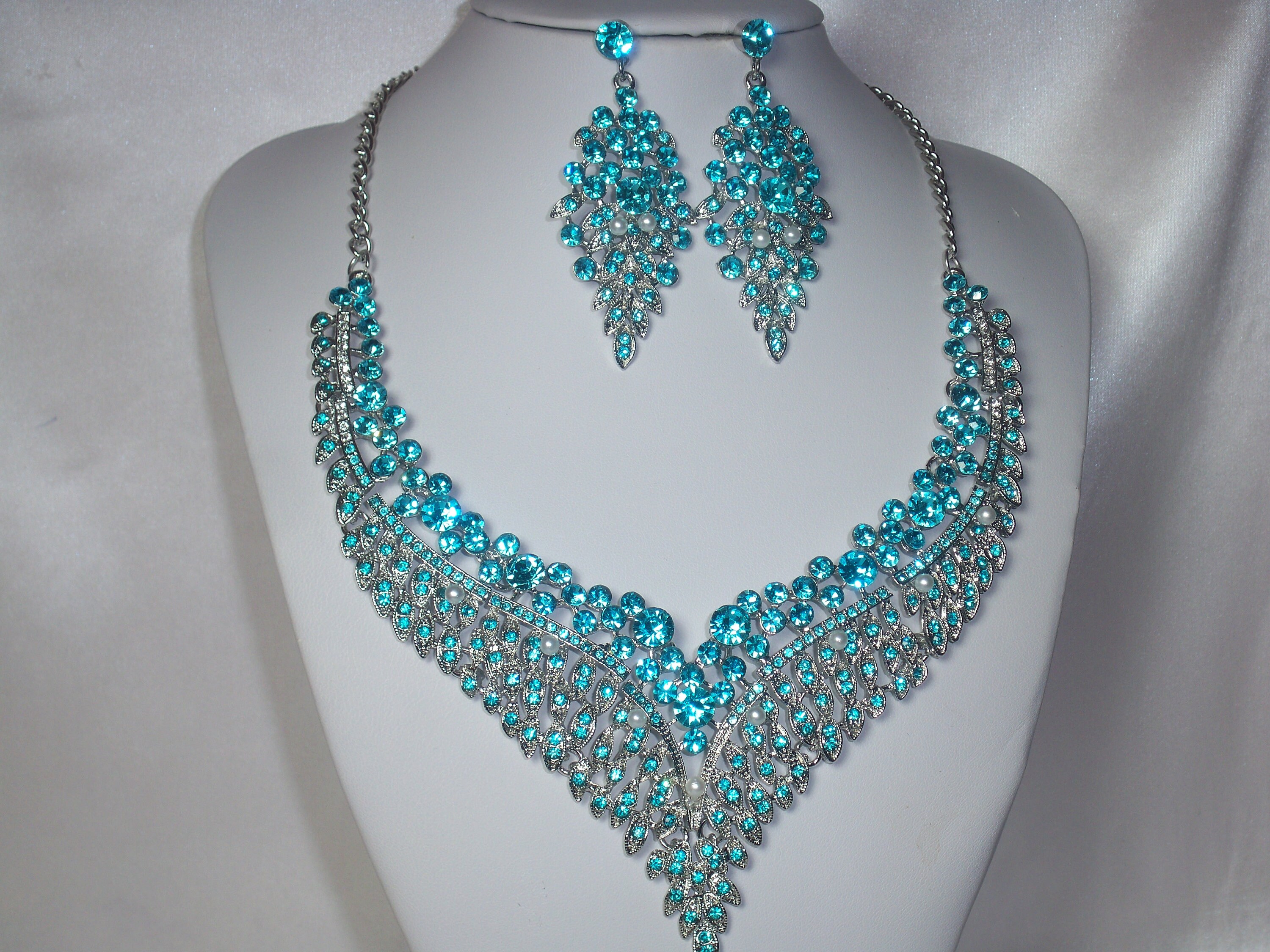 Aqua Rhinestone Necklace Set Blue Necklace Prom Necklace - Etsy