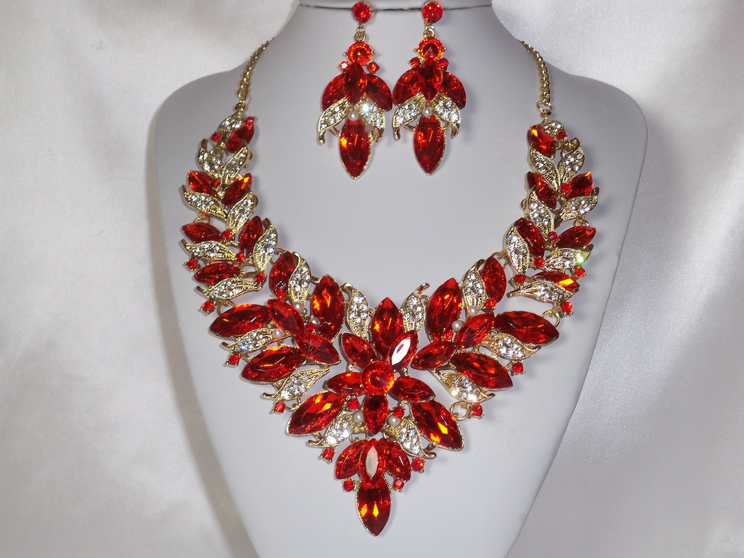 Red Rhinestone Statement Necklace Set, Wedding Necklace, Bridal ...