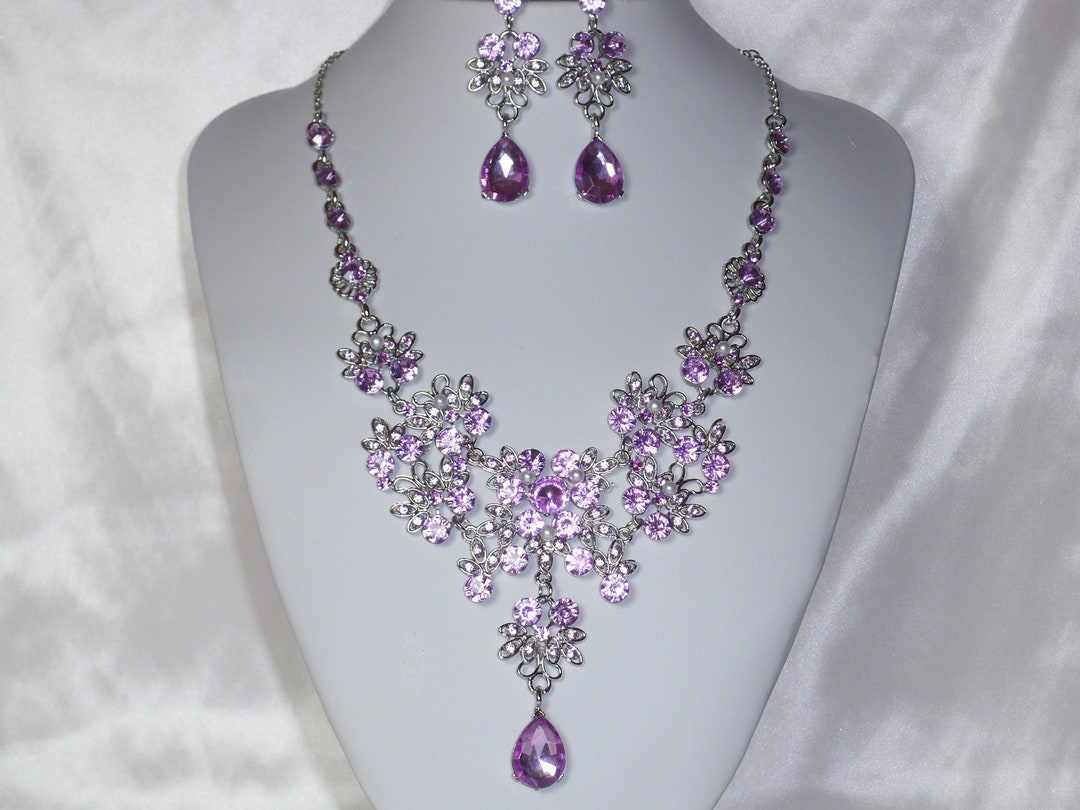 Purple Rhinestone Necklace Earrings Set, Wedding Bridal Necklace,prom ...