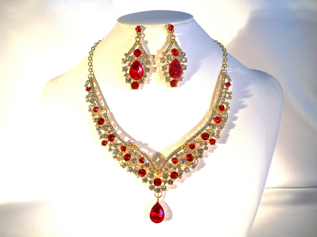 Red Rhinestone Tear Drop Necklace Set, Wedding Bridal MOB Necklace ...