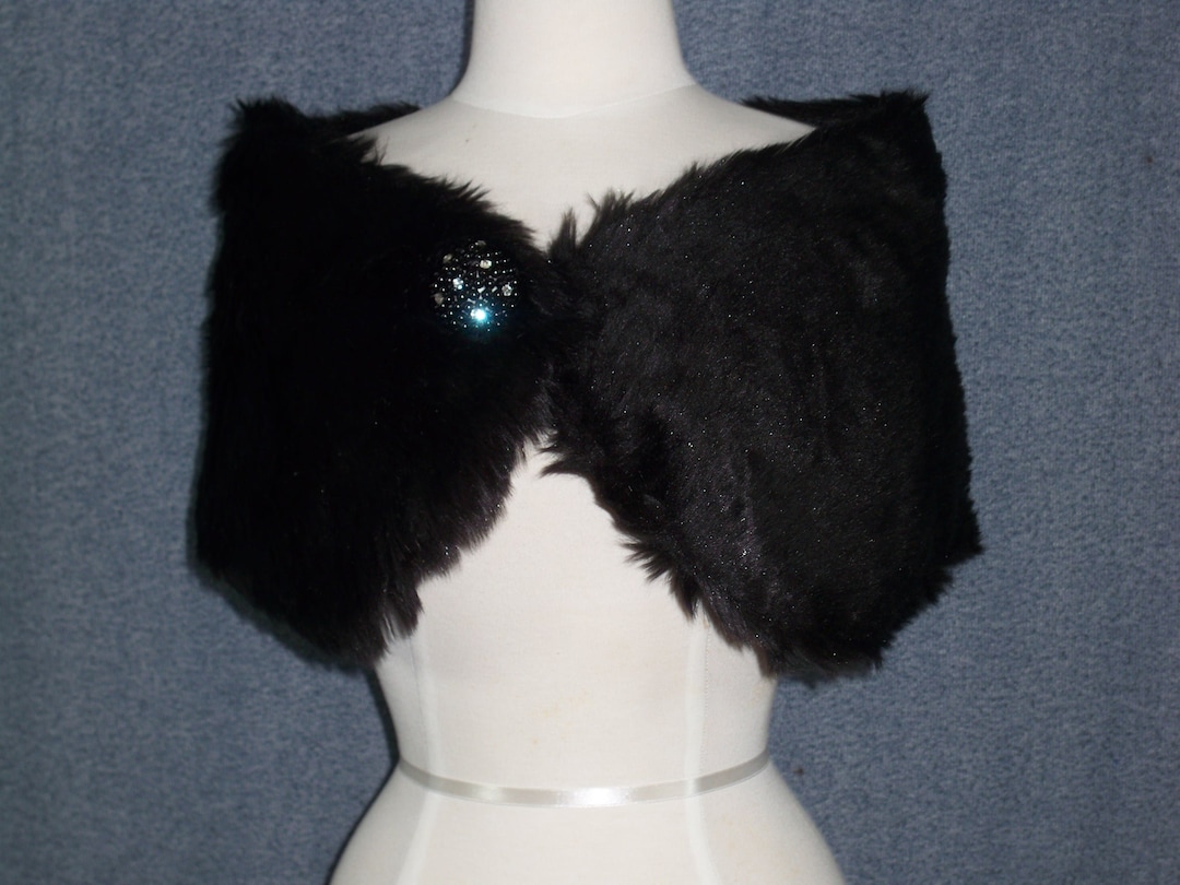 Black Faux Fur Shoulder Cape: Bridal Wedding Shawl With Rhinestone ...