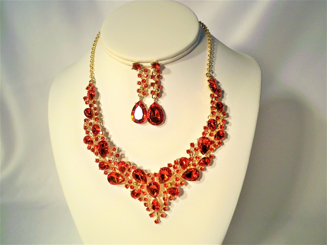 Red Rhinestone Necklace Set: Bridal Prom Jewelry - Etsy
