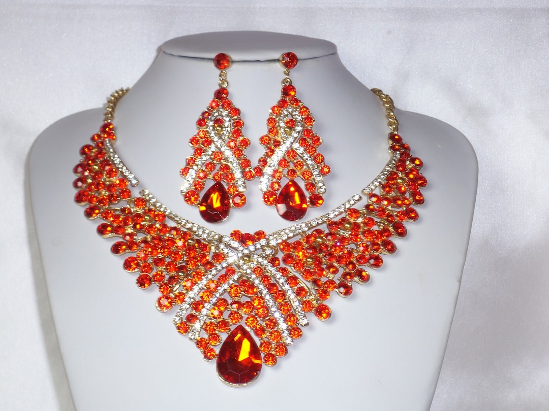 Red Rhinestone Necklace Set, Wedding Necklace, Pageant Necklace, Prom ...