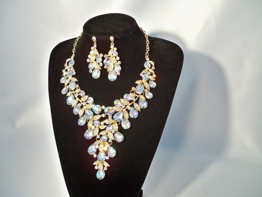 Gold AB Rhinestone Necklace Set, Bridal Wedding MOB Necklace, Prom ...