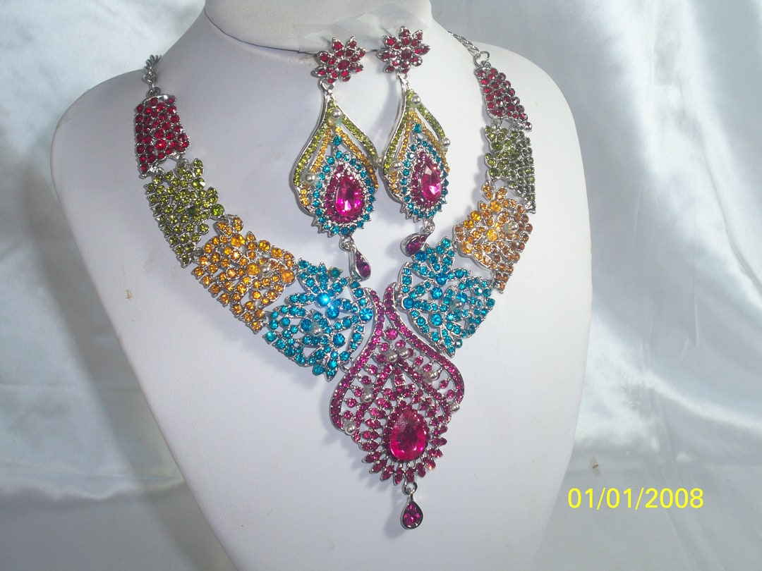 Multi Color Rhinestone Necklace Set, Wedding Bridal MOB Necklace, Prom ...