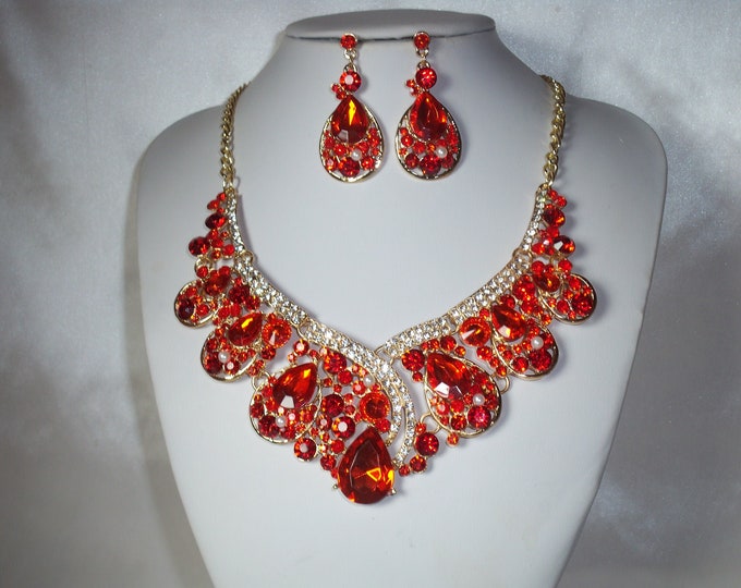 Red Rhinestone Necklace Set, Wedding Jewelry, MOB Necklace, Prom ...