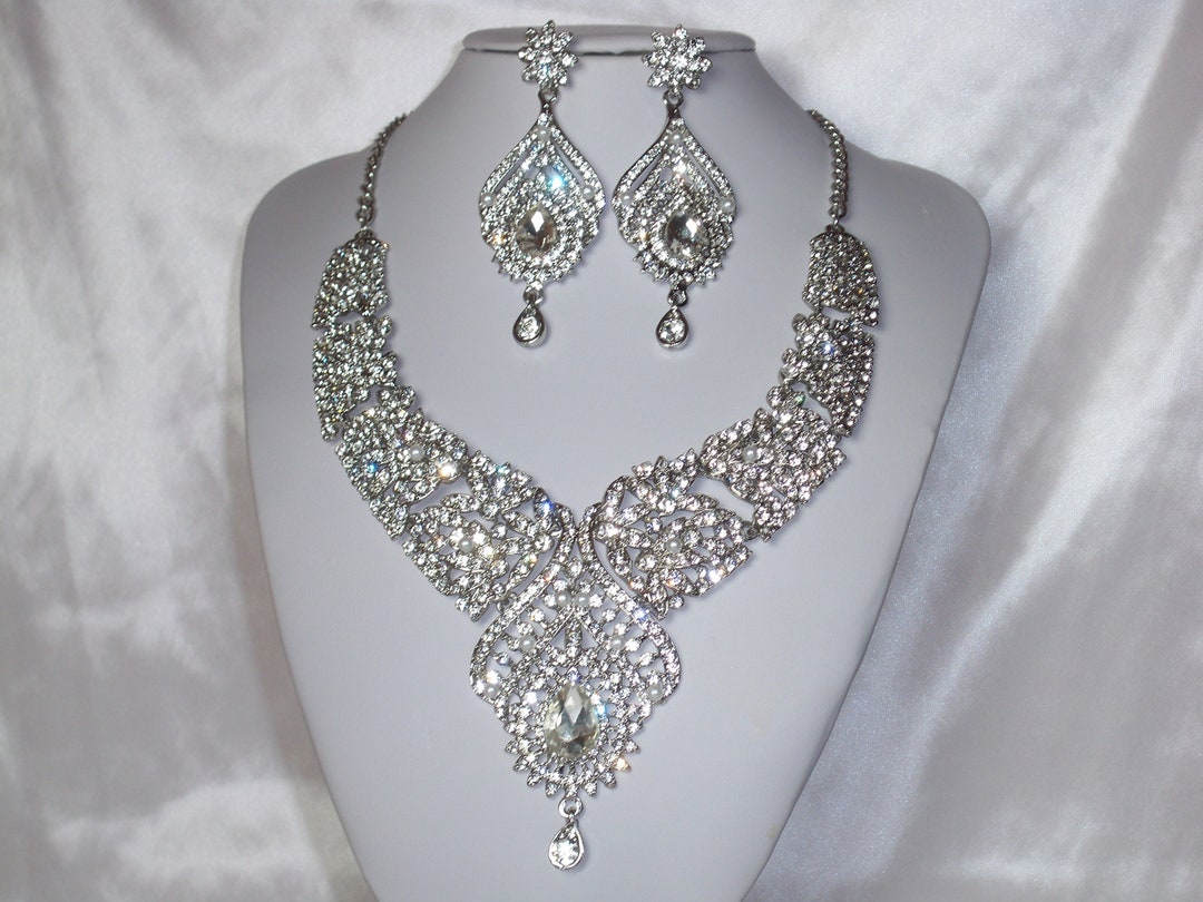 Silver Rhinestone Necklace Set, Statement Necklace, Bridal Necklace ...
