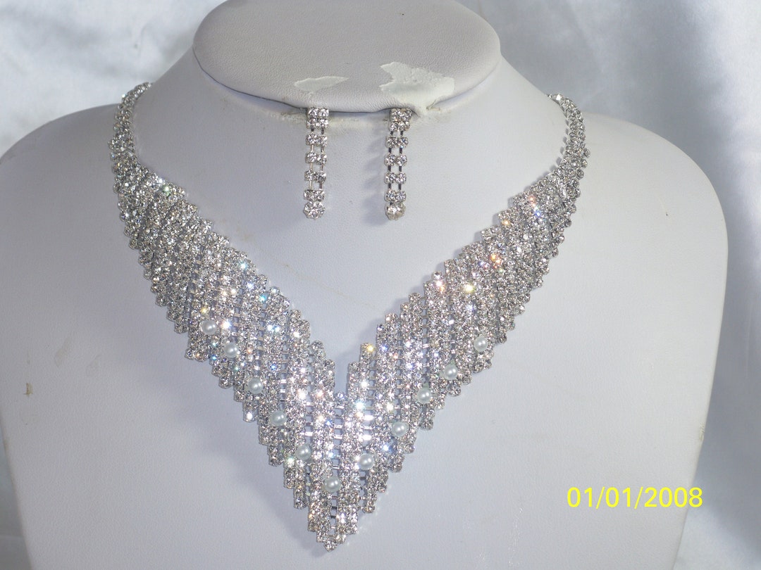 Rhinestone V-neck Necklace Set: Bridal, Prom, Ballroom - Etsy