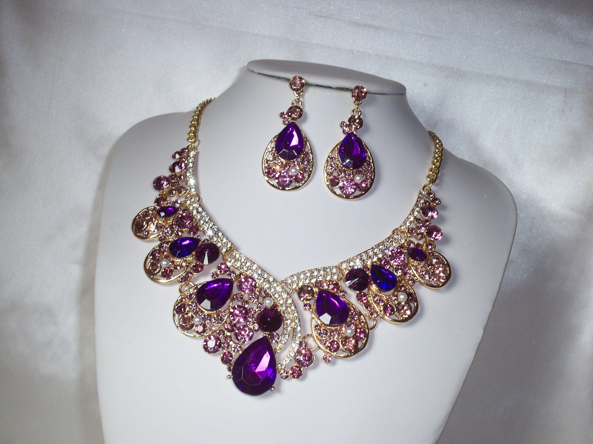 Purple rhinestone necklace set wedding jewelry MOB necklace | Etsy