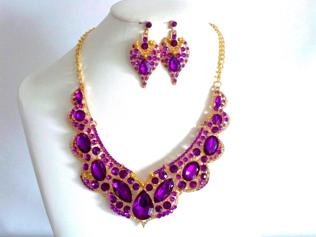 Purple Rhinestone Necklace Set, Wedding Bridal MOB Necklace,prom ...
