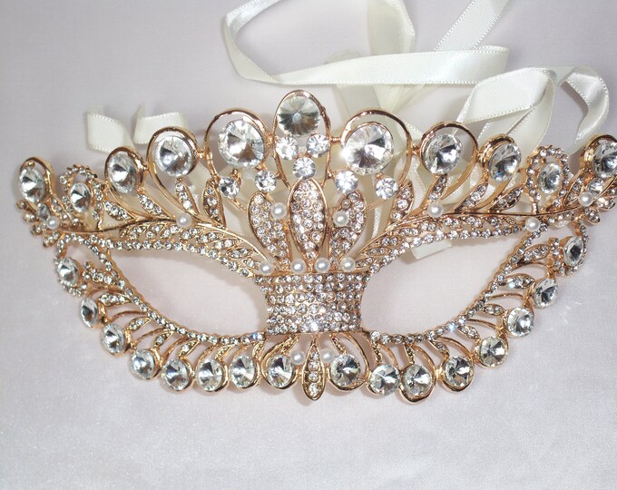 Gold Rhinestone Mask, Gold Crystal Mask, Gold Bridal Mask, Wedding Mask ...