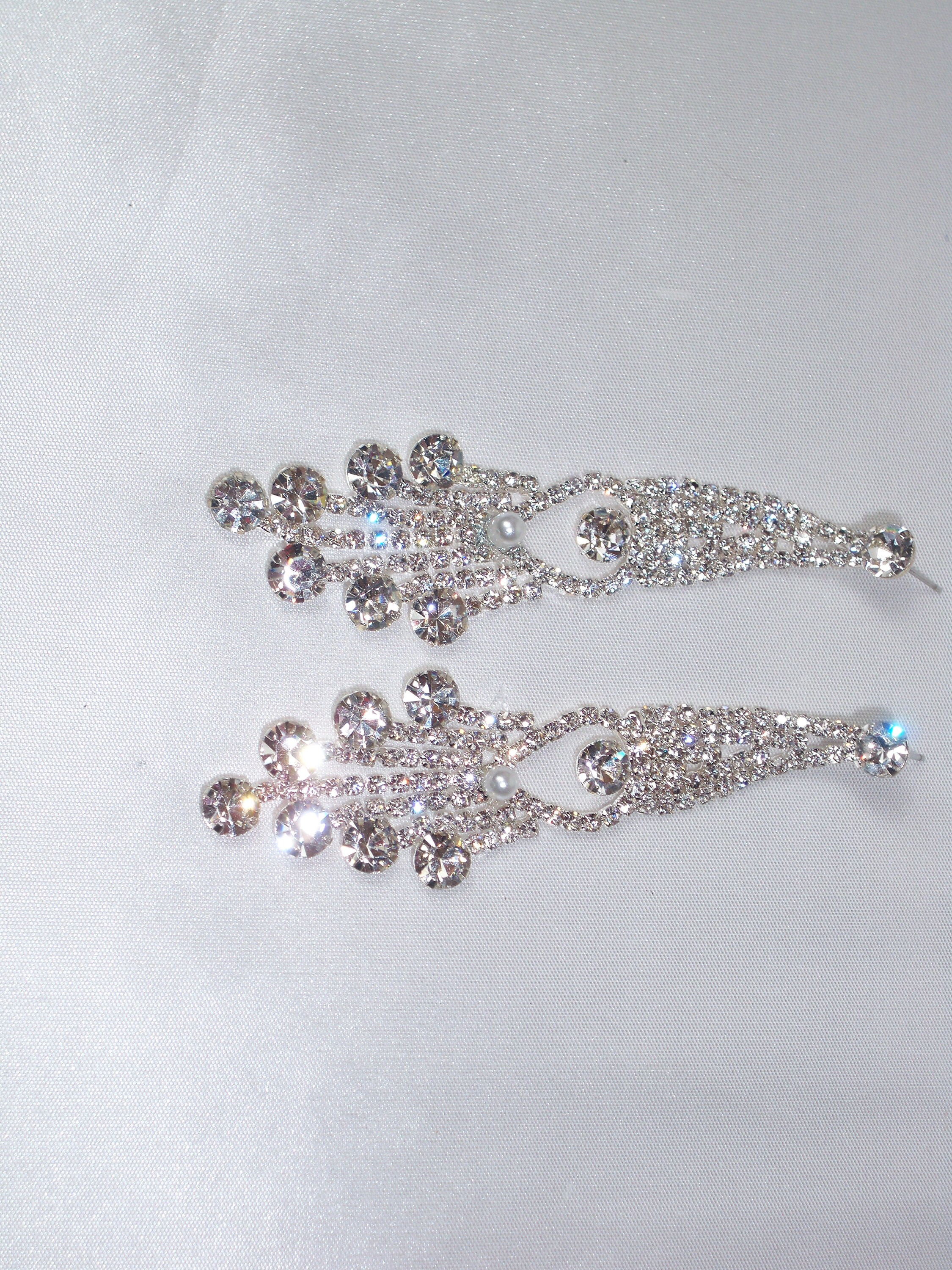 Rhinestone pearl long dangle drop chandelier earrings bridal | Etsy