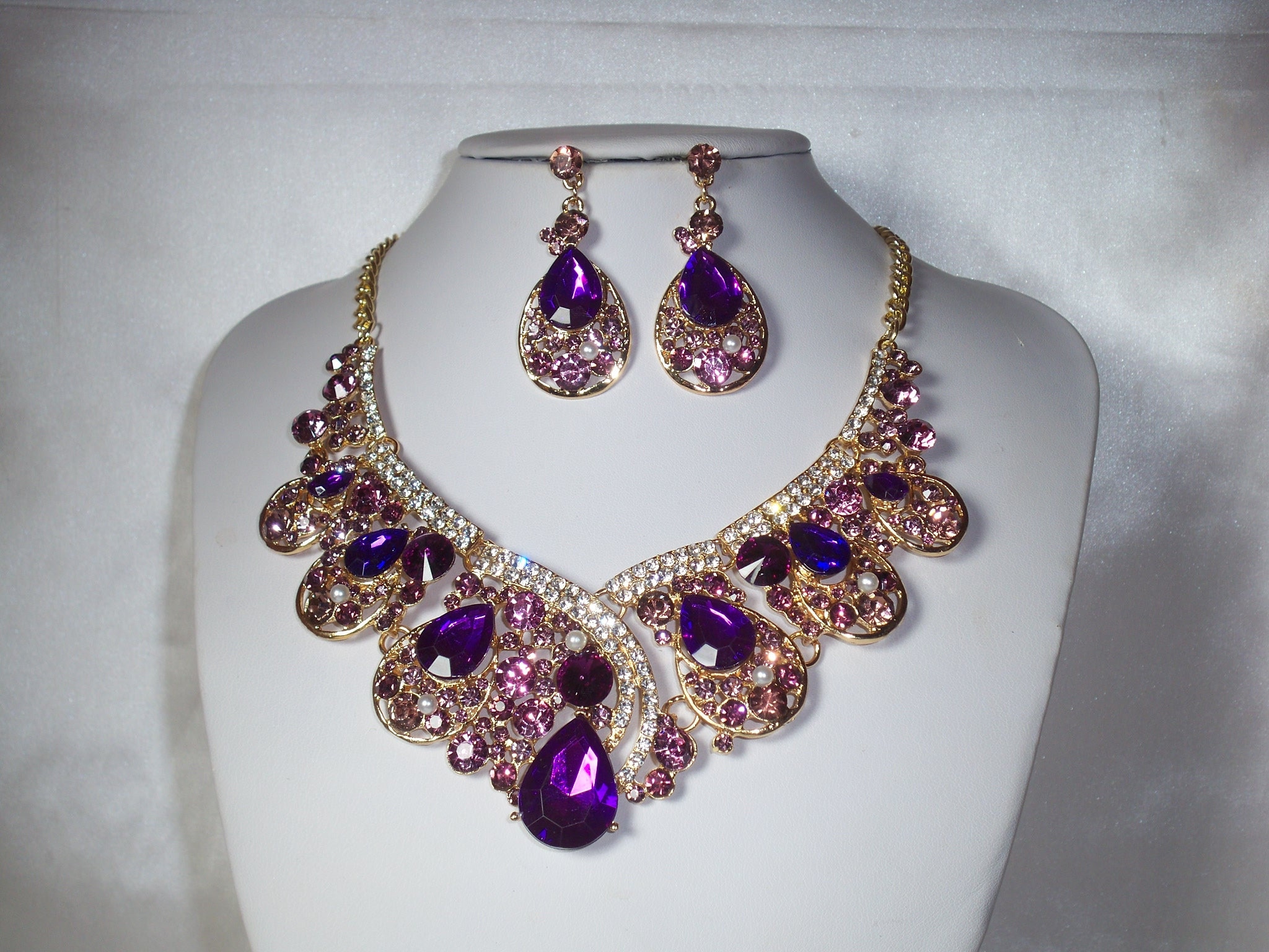 Purple rhinestone necklace set wedding jewelry MOB necklace | Etsy