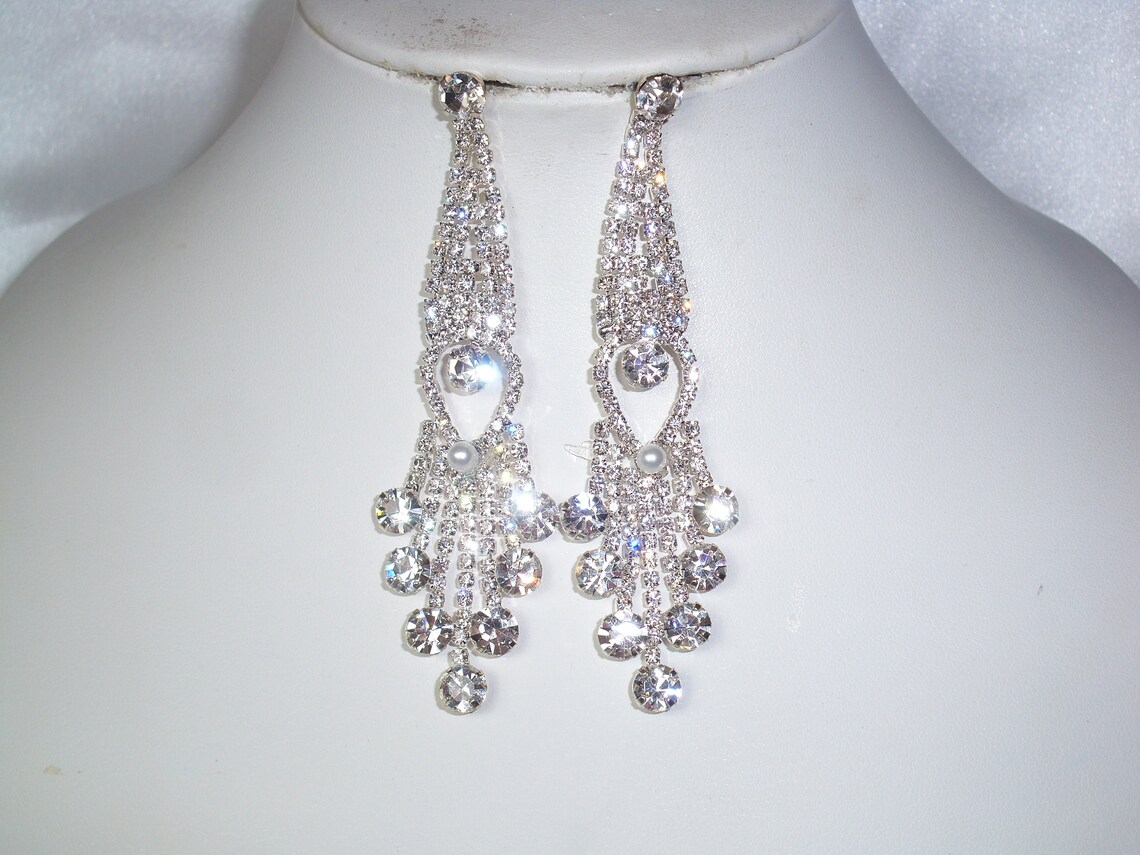 Rhinestone Pearl Long Dangle Drop Chandelier Earrings Bridal - Etsy
